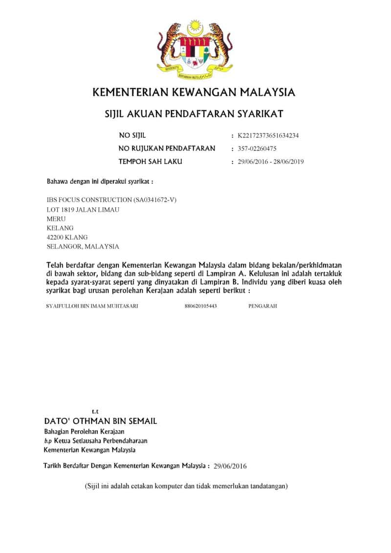 Sijil Kementerian Kewangan Malaysia | IBS Focus